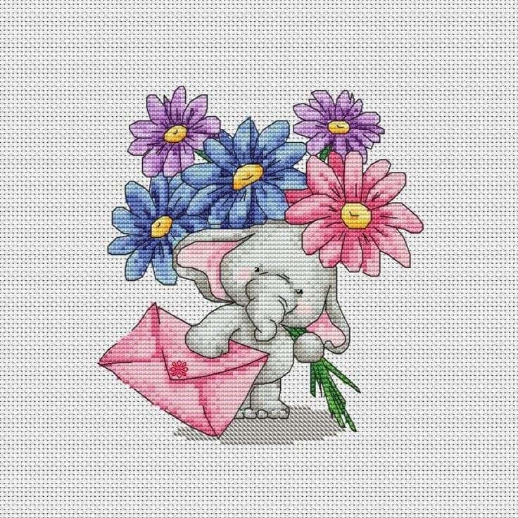 Elephant Cross Stitch Pattern, Little Elephant With Flowers Cross ...