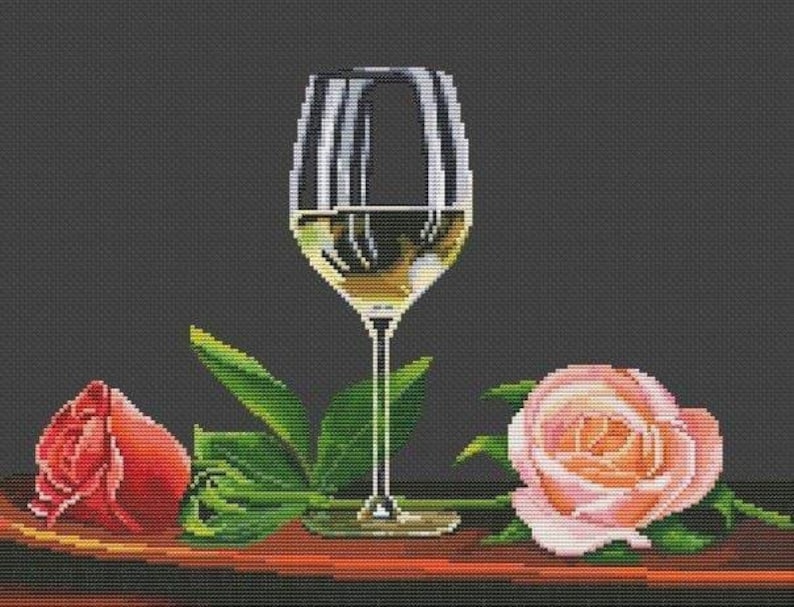 Roses and Glass of Champagne Cross Stitch Pattern,love Cross Stitch ...