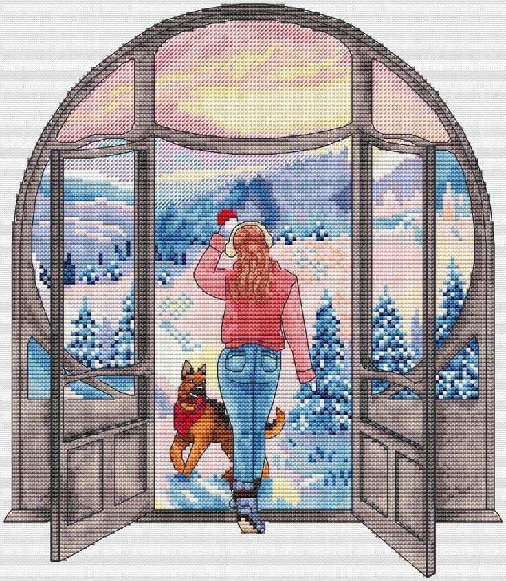 Woman and Dog Cross Stitch Pattern, Winter Cross Stitch, Snow Cross ...