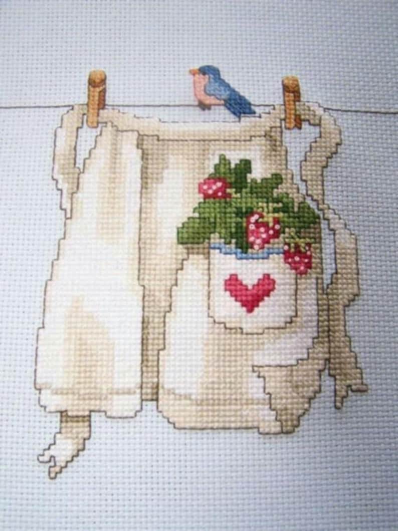 Bird Cross Stitch Pattern, Apron on Washing Line Cross Stitch, Flowers ...