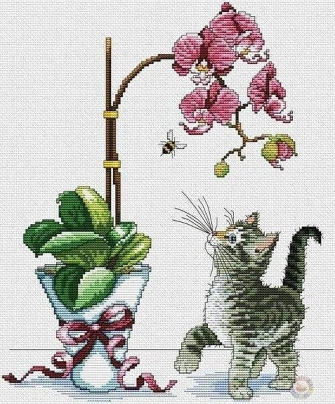 Cat and Flower Cross Stitch Pattern, Orchid Cross Stitch Pattern ...