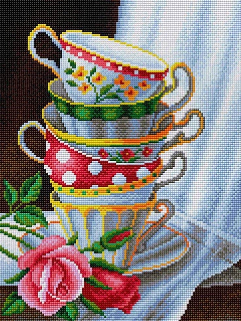 Teacups and Rose Cross Stitch Pattern, Kitchen Cross Stitch Pattern - Etsy