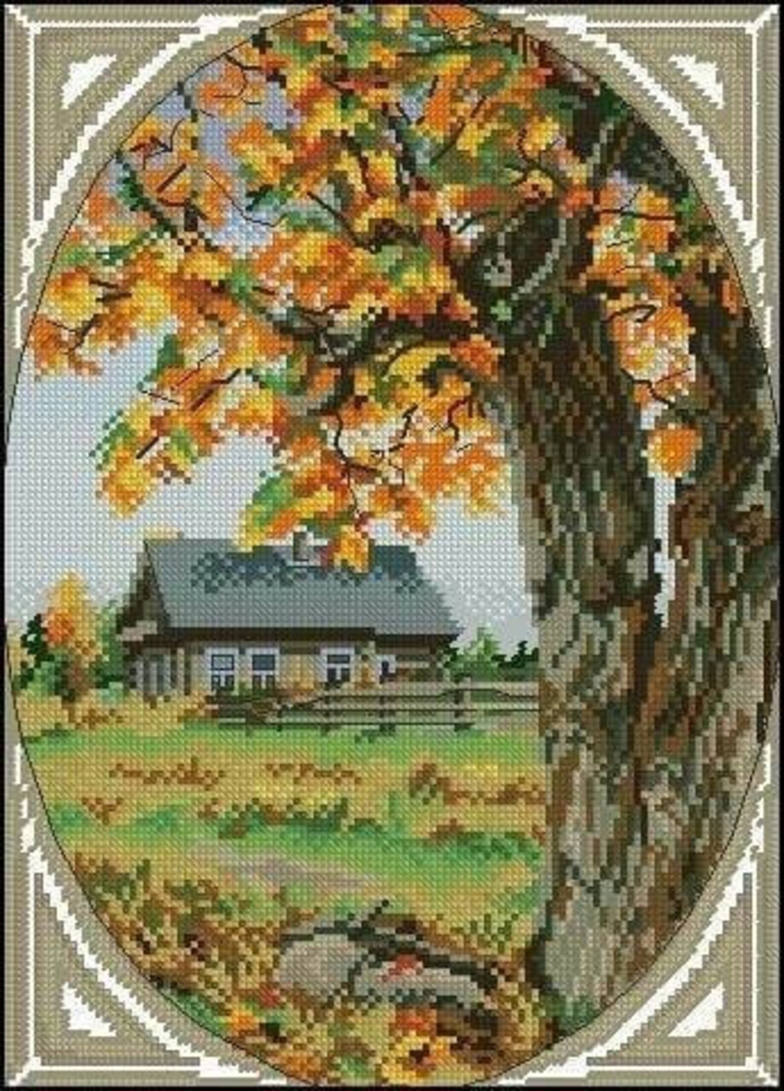 Autumn Landscape Cross Stitch Pattern, Autumn in Village Cross Stitch ...