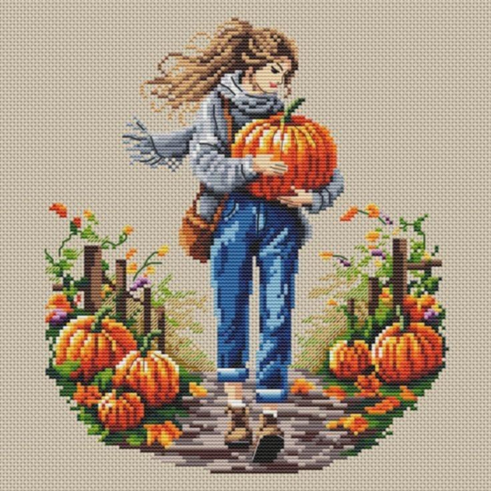 Girl With Pumpkins Cross Stitch Pattern, Autumn Cross Stitch, Fall Cross Stitch, Pumpkin Cross ...