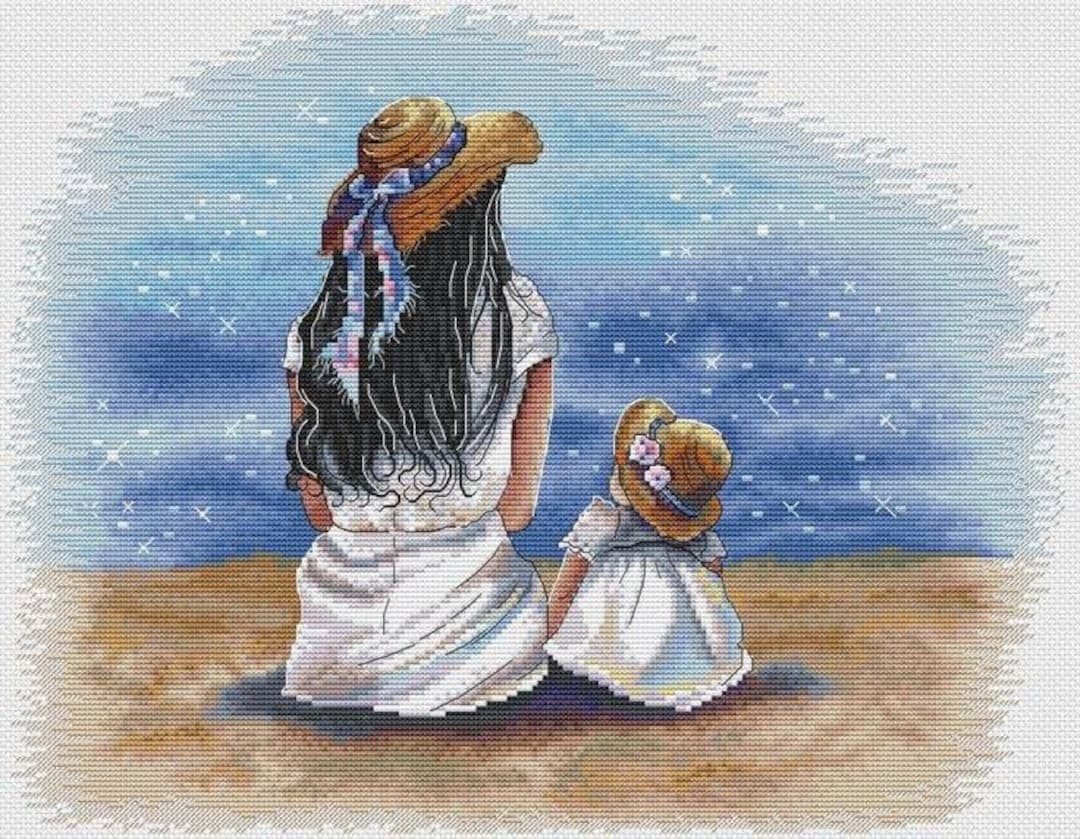 Mother and Daughter Cross Stitch Pattern, Mother and Child at the Sea ...