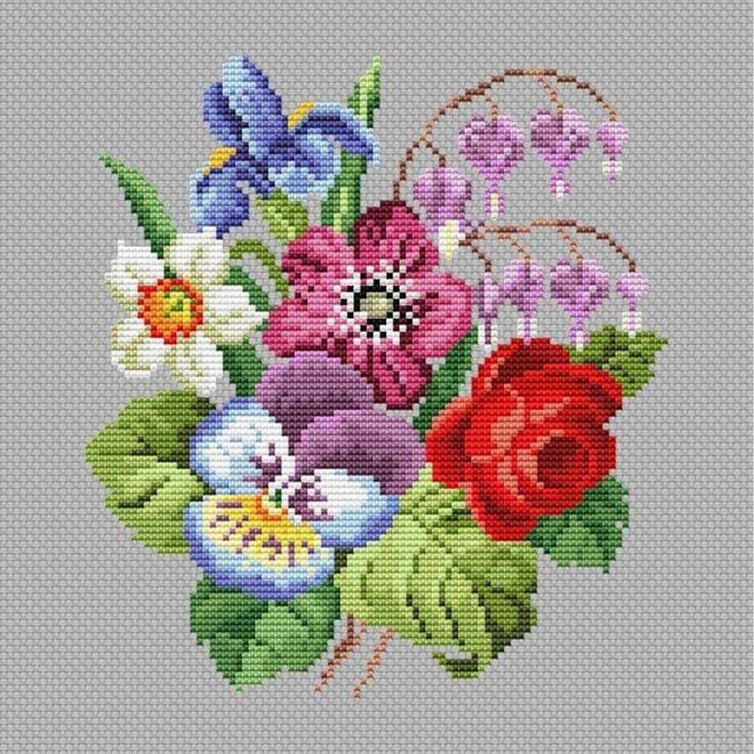Flowers Cross Stitch Pattern, Spring Flowers Cross Stitch, Red Rose ...