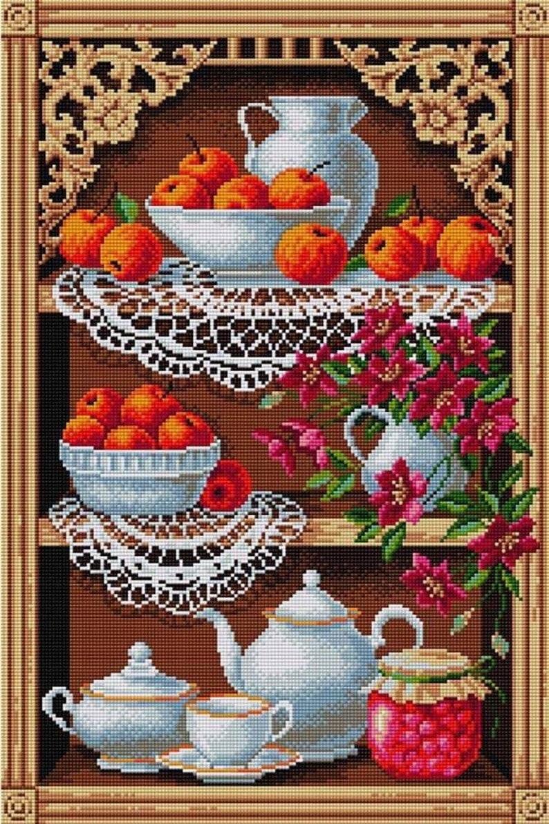 Kitchen Shelf With Fruits and Dishes Cross Stitch Pattern, Jams Cross ...