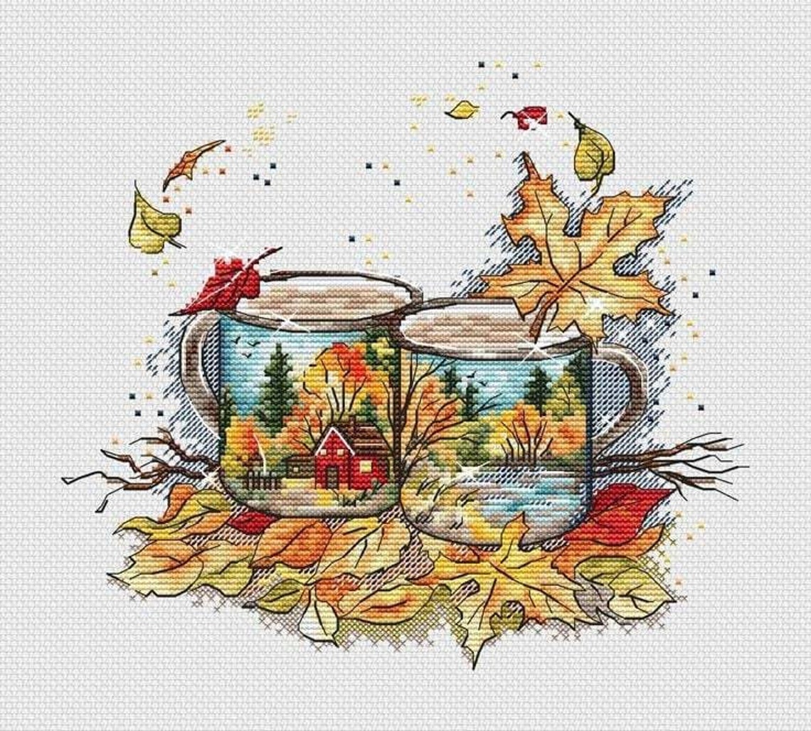 Autumn Cross Stitch Pattern, Autumn Leaves Cross Stitch, Tea and Autumn ...