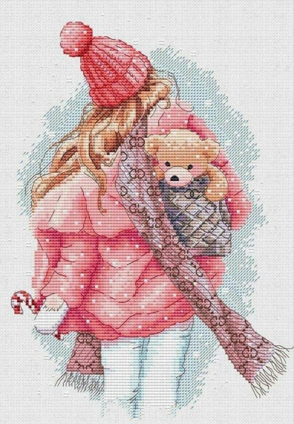 Girl and Teddy Bear Cross Stitch Pattern, Girl in Snow Cross Stitch ...