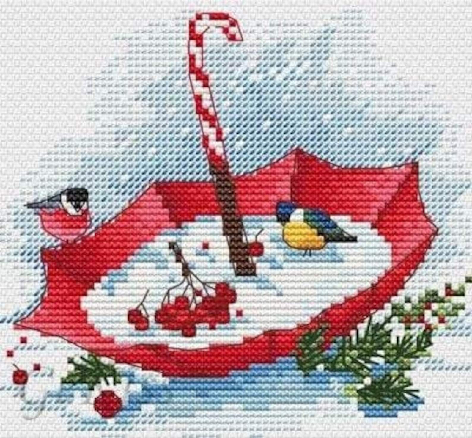 Umbrella in Snow Cross Stitch Pattern, Snow Cross Stitch, Birds in Snow ...
