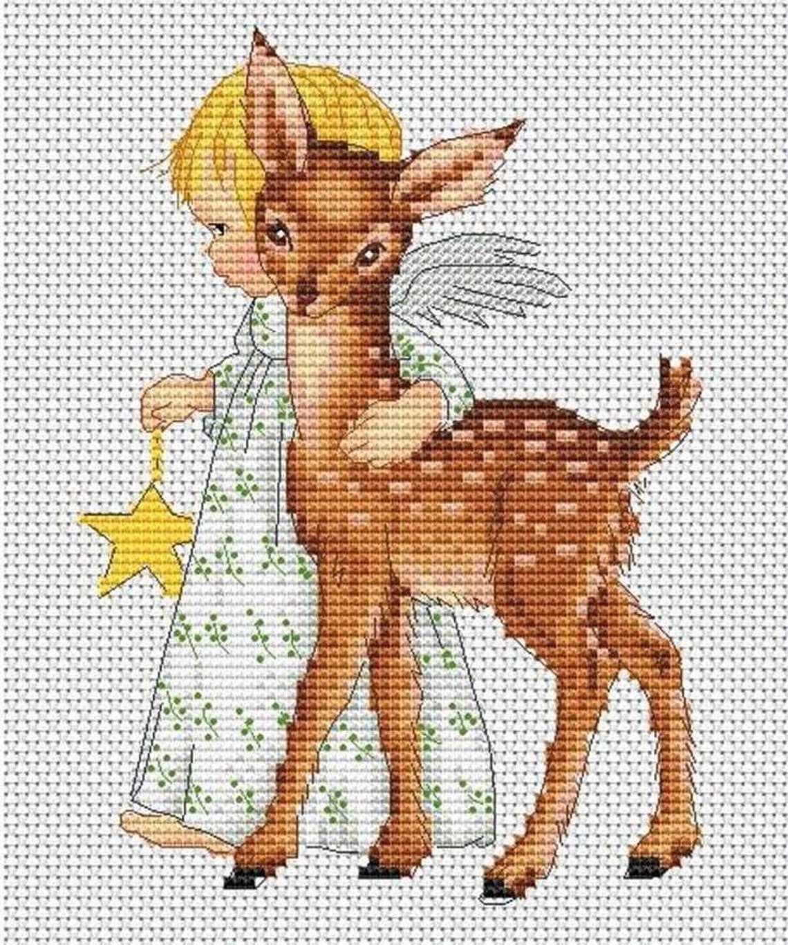 Little Angel With Roe Deer Cross Stitch Pattern, Little Baby Angel ...