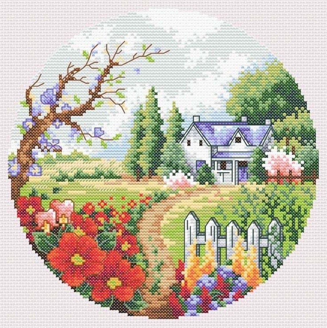 Spring Cross Stitch Pattern, Village Cross Stitch, Spring Flowers Cross ...