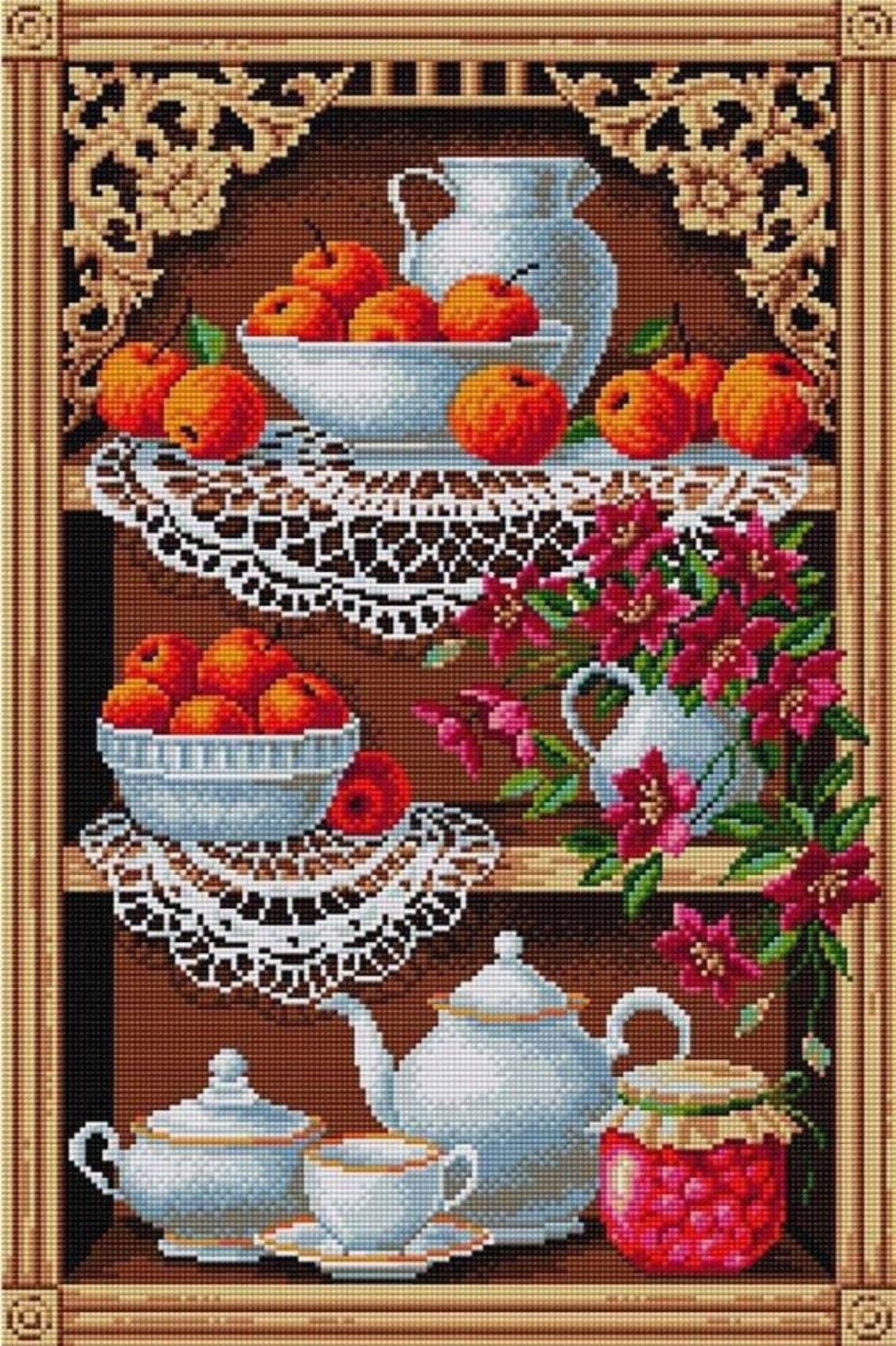 Kitchen Shelf With Fruits and Dishes Cross Stitch Pattern, Jams Cross ...