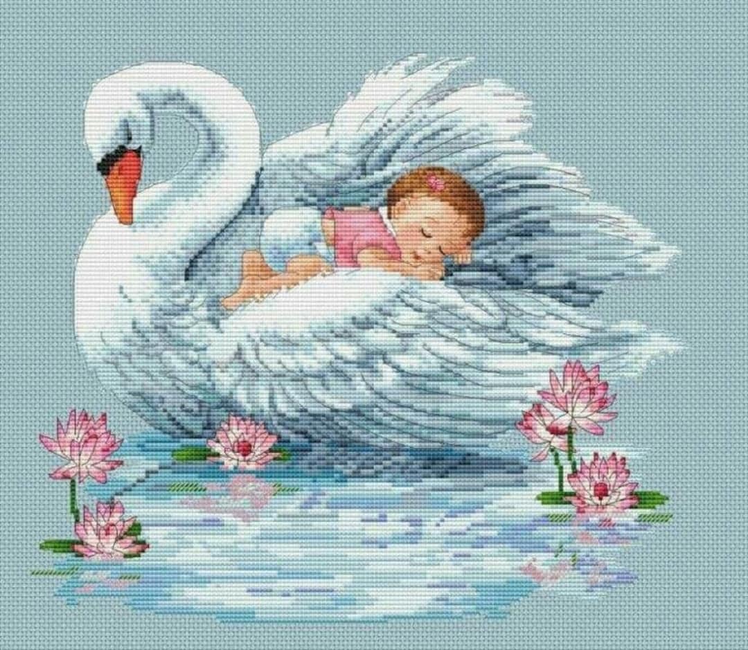 Baby Cross Stitch Patter, Baby and Swan Cross Stitch Pattern, Swan ...
