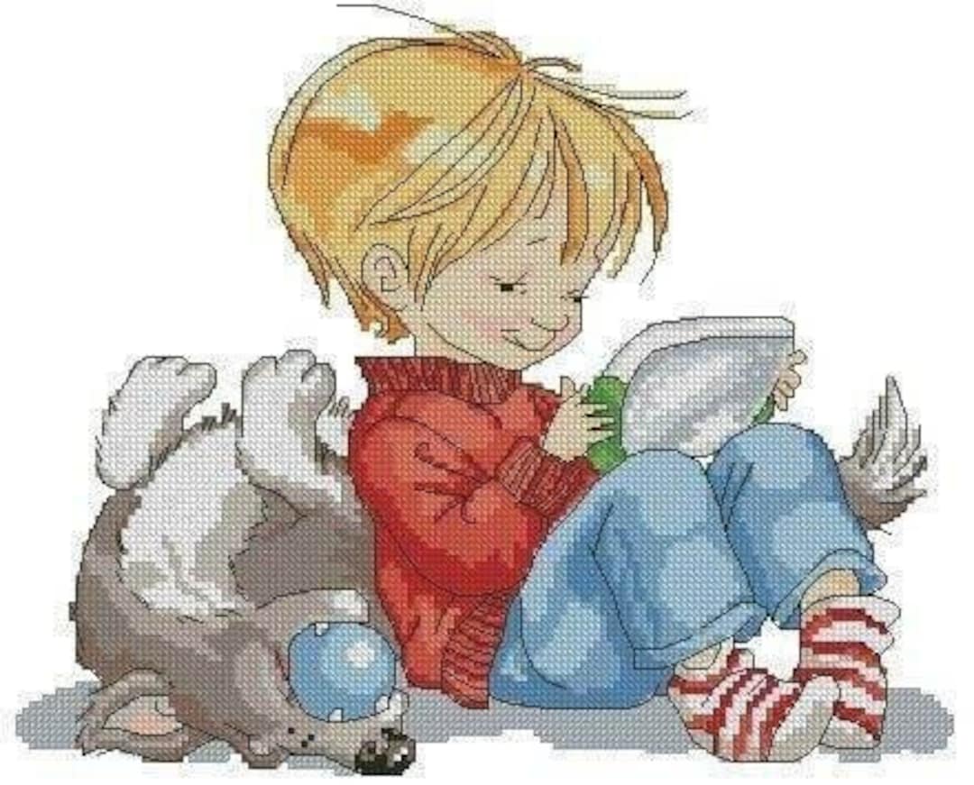 Boy and a Dog Cross Stitch Pattern, Cross Stitch Pattern for Kid's Room ...