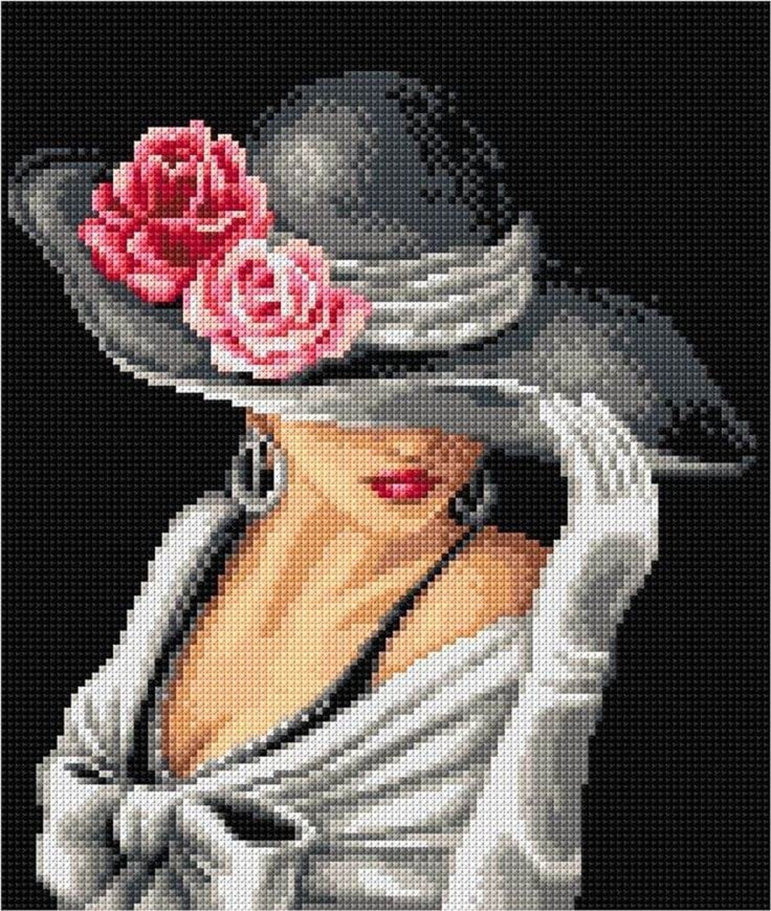 Woman With Hat Cross Stitch Pattern, Woman Portrait Cross Stitch, Woman ...