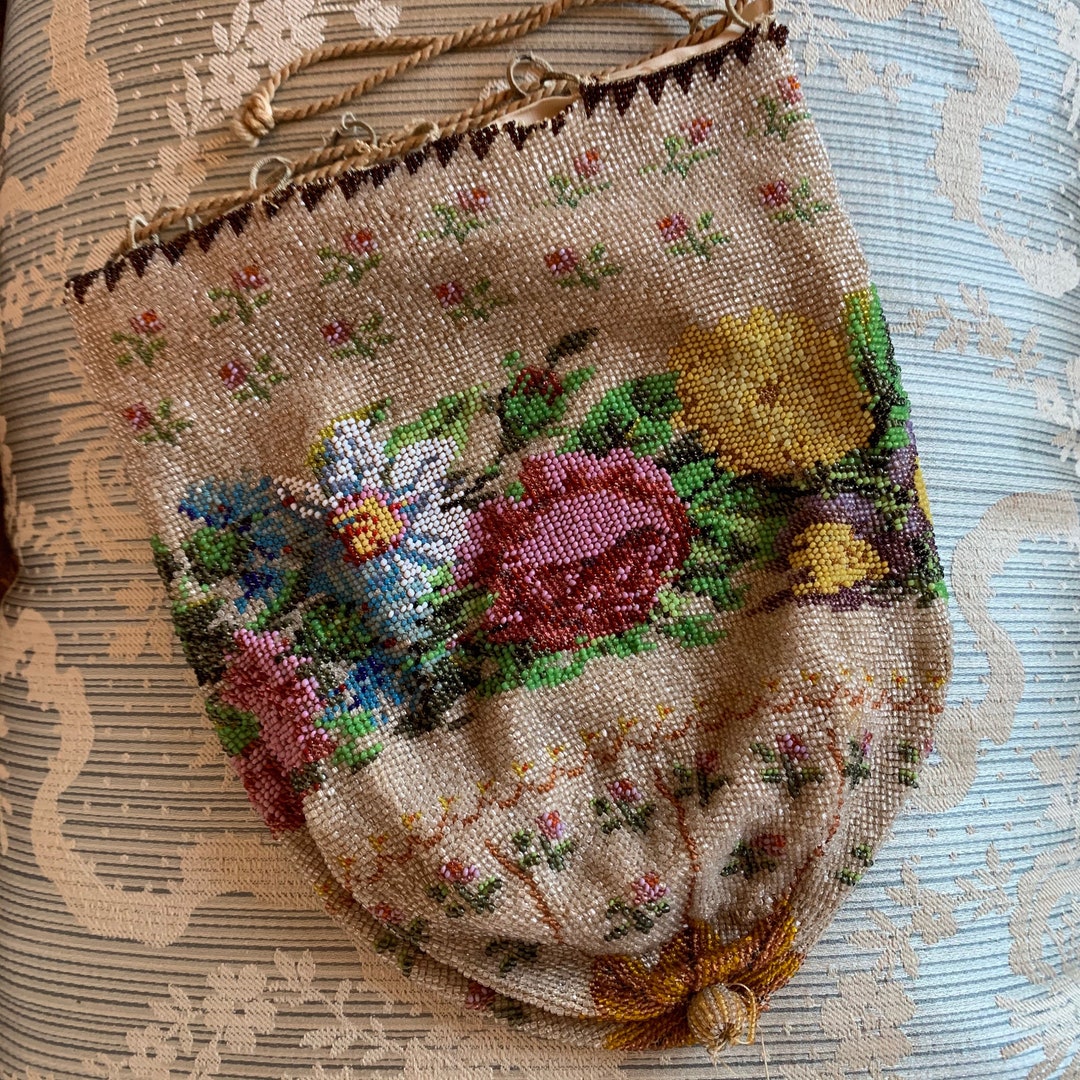 Gorgeous Antique Victorian Micro Beaded Purse/ Bag With Beautiful Roses ...