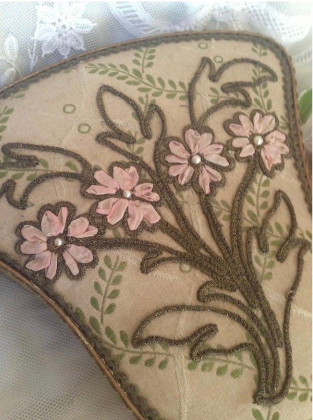 Most Gorgeous Antique French Embroidered Ribbon Work Floral Pearls ...
