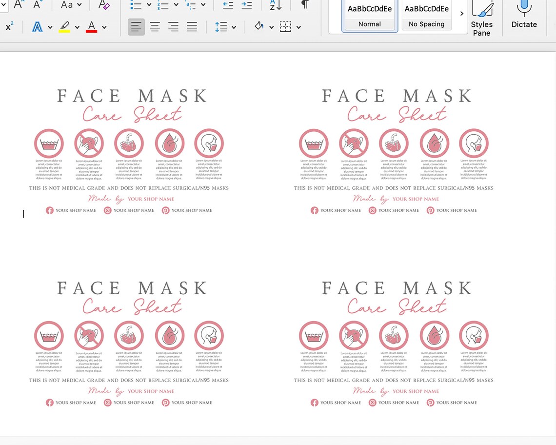 Editable Printable Face Mask Label Care Card | Etsy