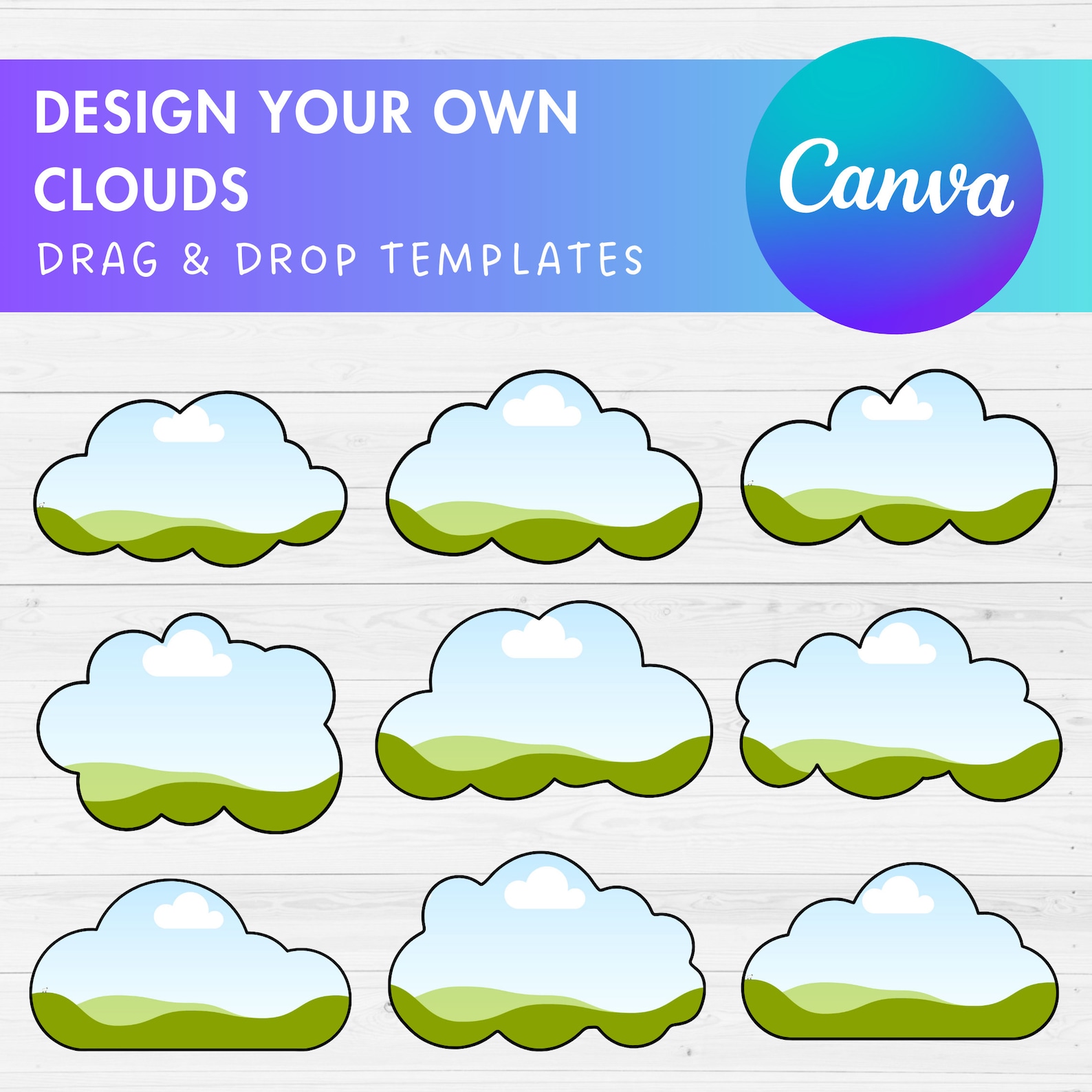 Design Your Own Clouds Canva Frames, Cloud Canva Templates, Drag and ...