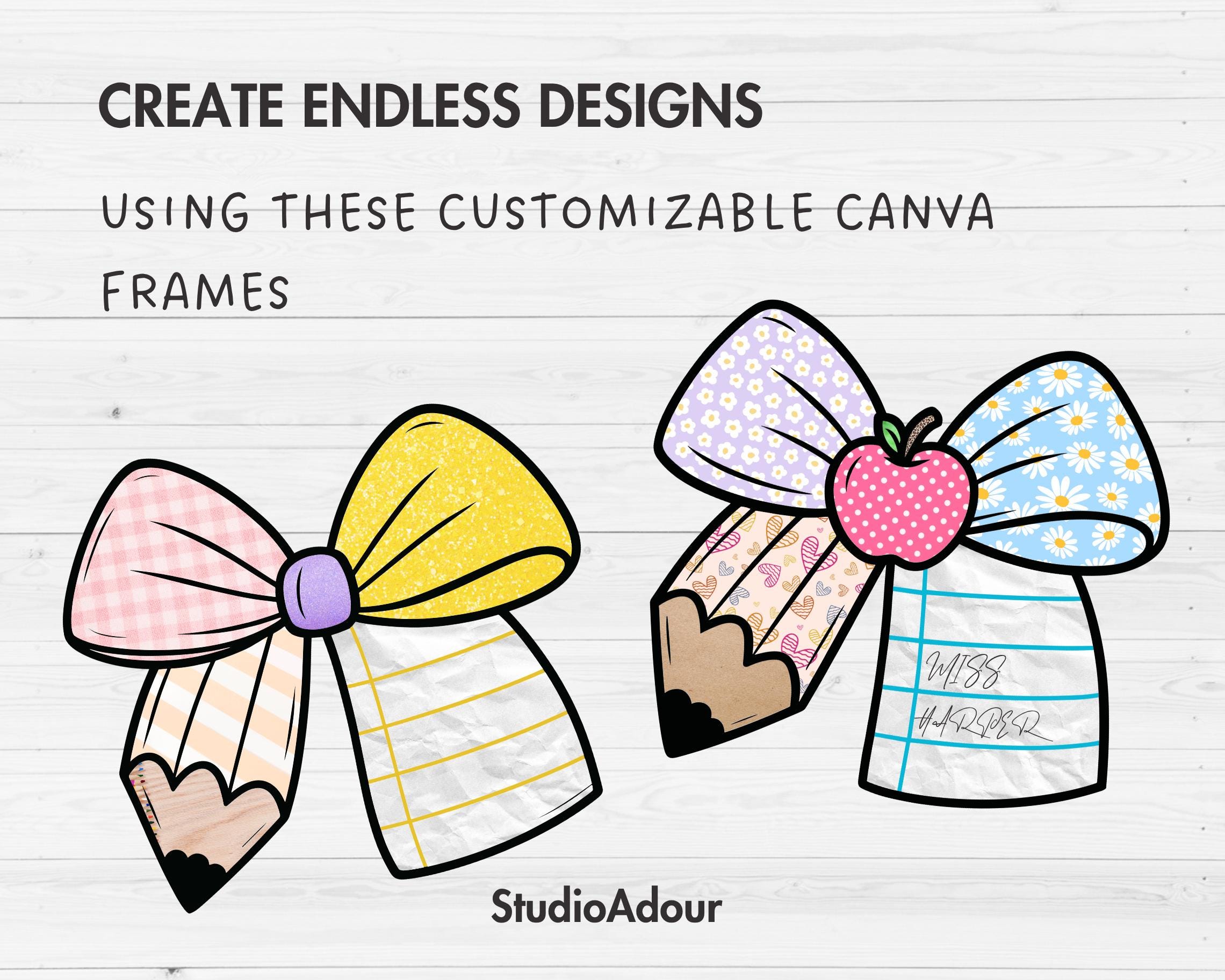 Teacher Pencil Bow Canva Template, Drag & Drop, Coquette Bow ...