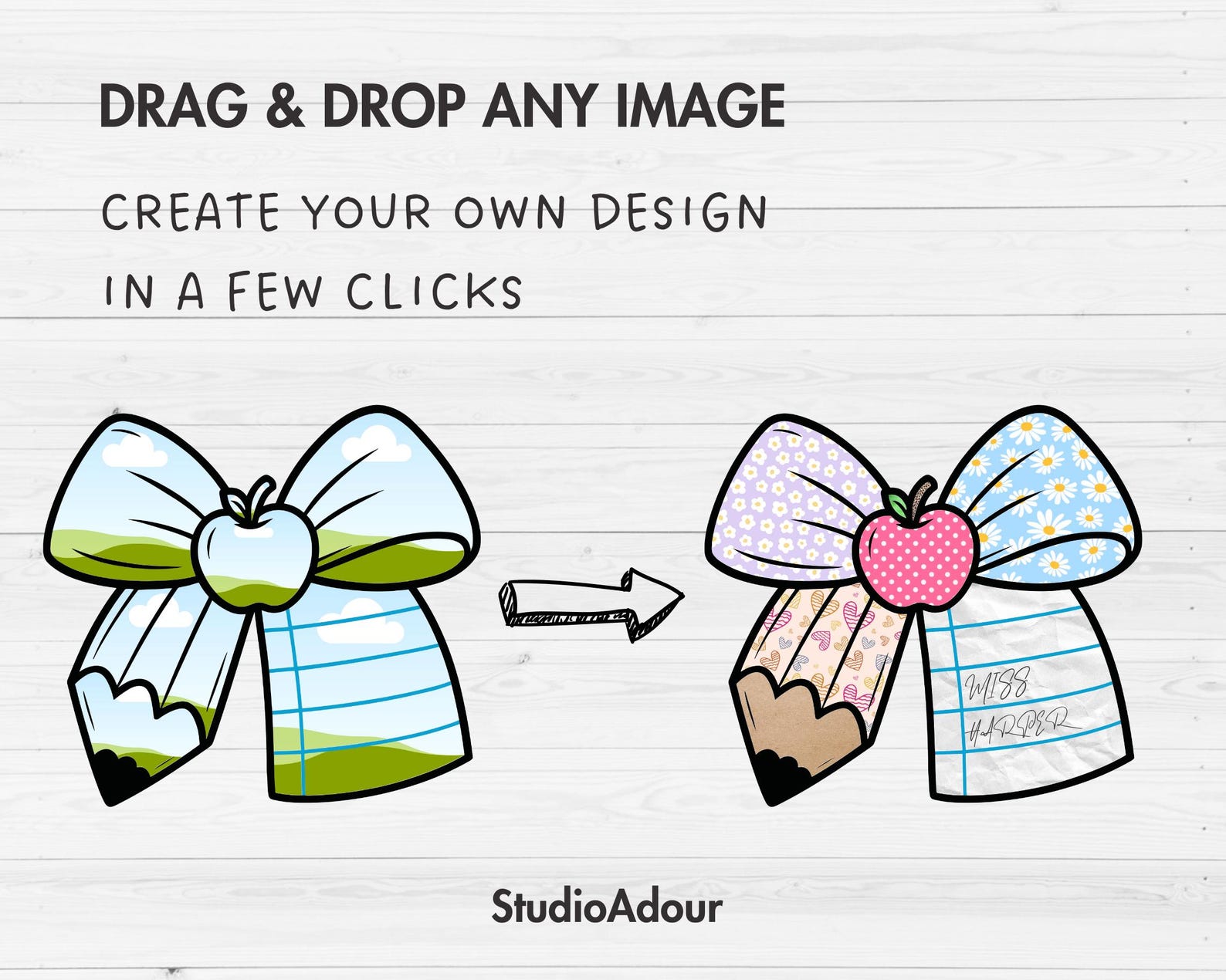 Teacher Pencil Bow Canva Template, Drag & Drop, Coquette Bow ...