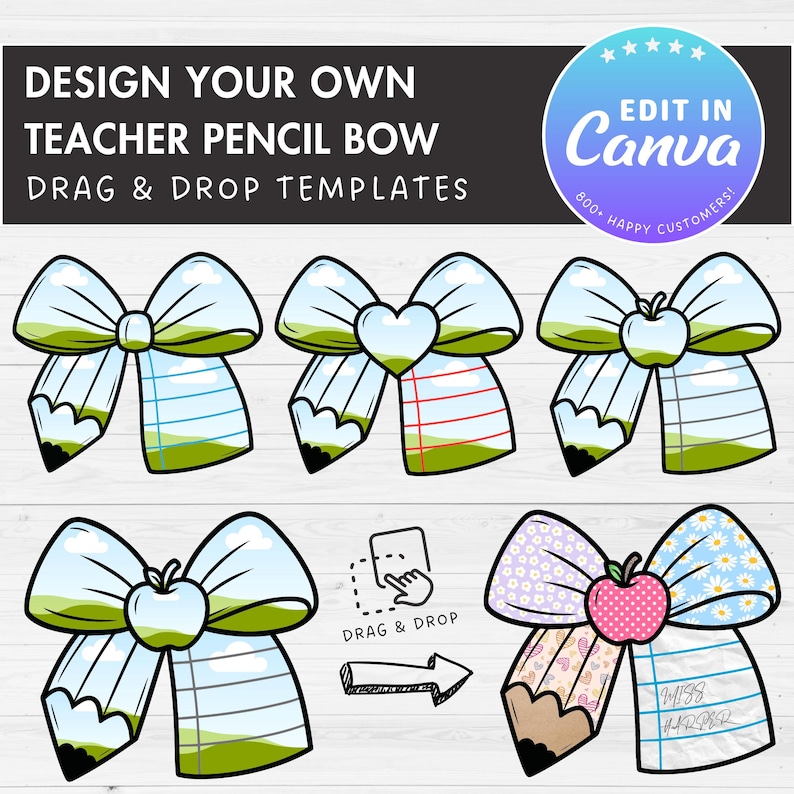 Teacher Pencil Bow Canva Template, Drag & Drop, Coquette Bow ...