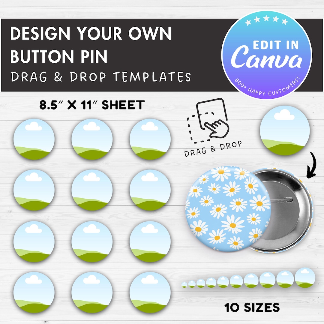 Button Pin Editable Canva Template, Easy Drag and Drop, Round Pinback ...