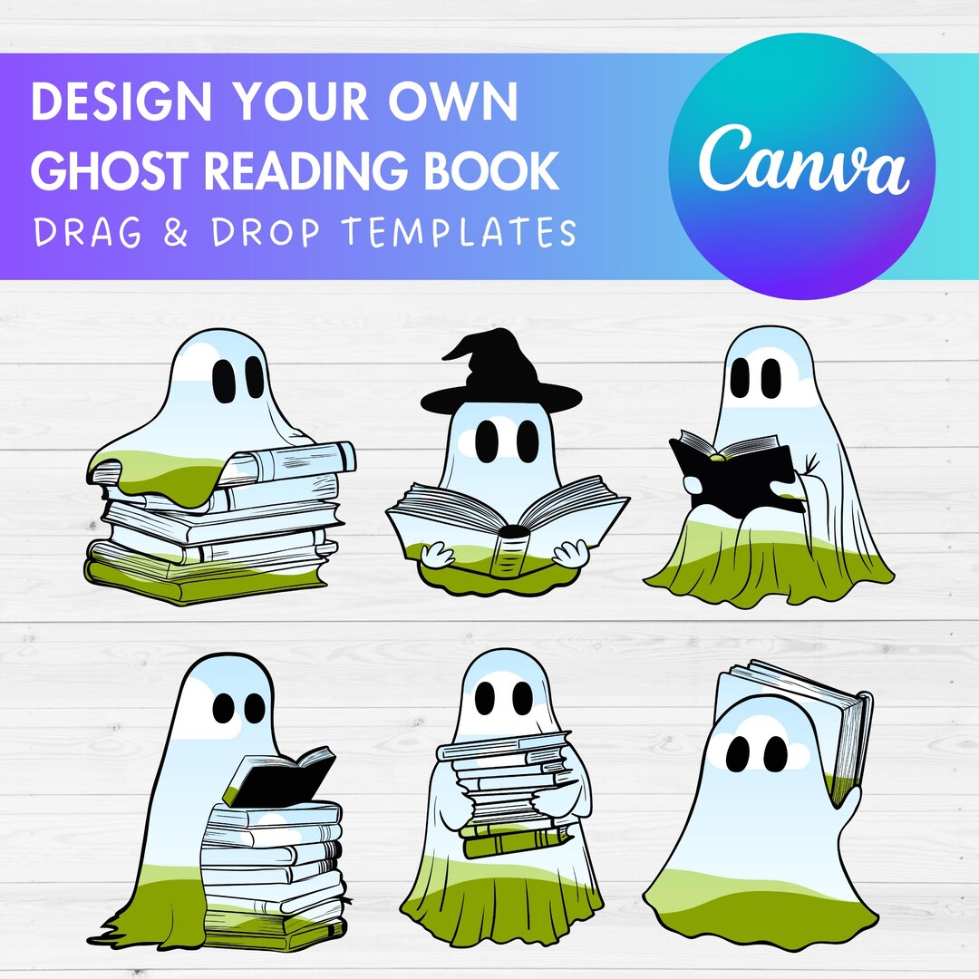 Design Your Own Retro Ghost, Ghost Reading Book Canva Template, Drag ...