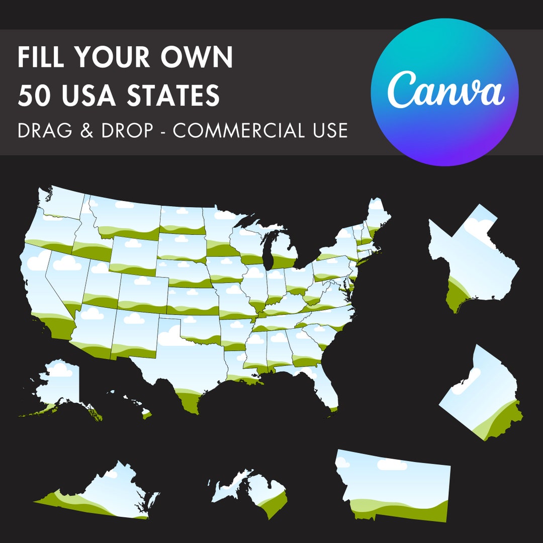 50 USA States Canva Frames, US States Templates, United States Map ...