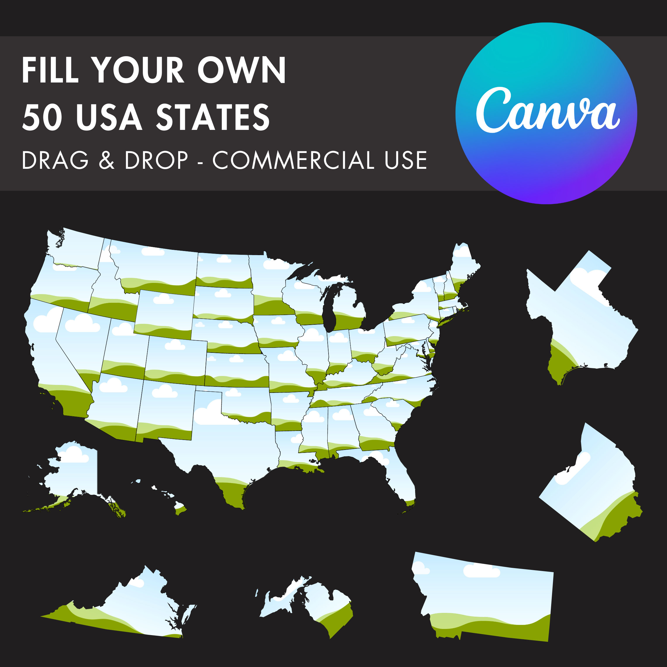 50 USA States Canva Frames, US States Templates, United States Map ...