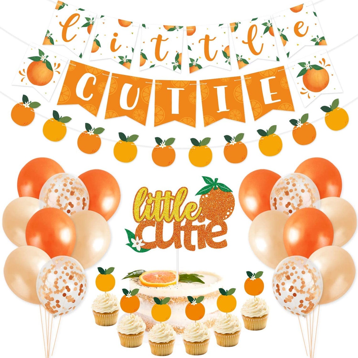 Little Cutie Baby Shower Decorations: Orange Banner, Cake Topper ...