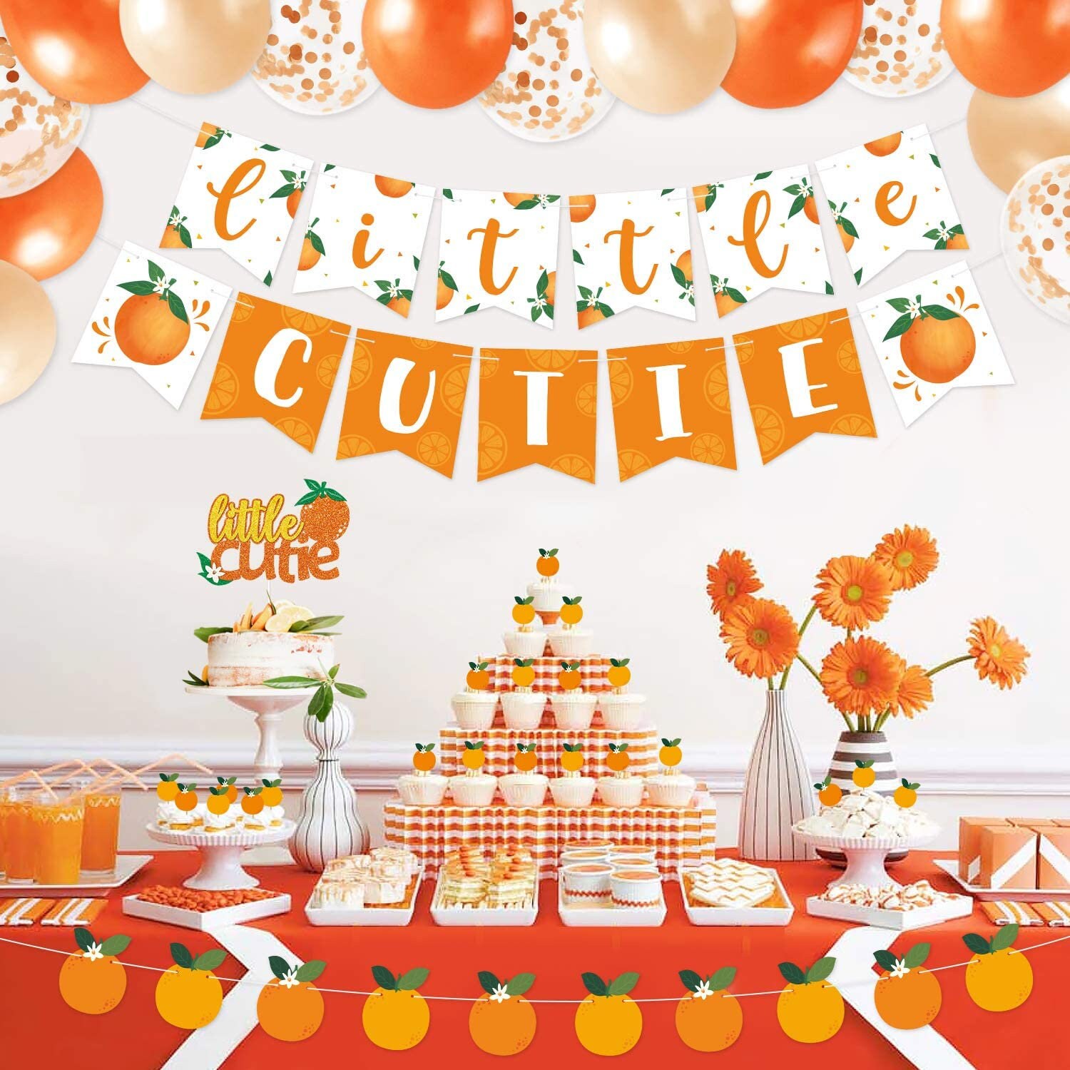 Little Cutie Baby Shower Decorations: Orange Banner, Cake Topper ...