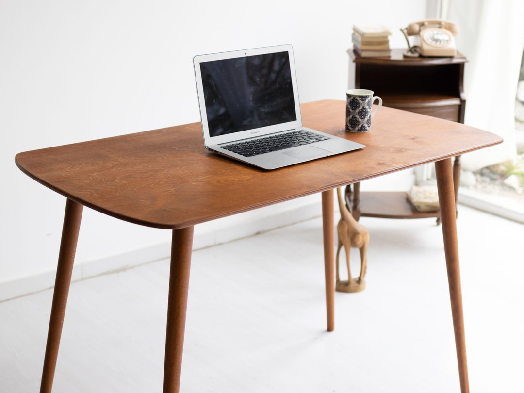 Rounded Oval Office Desk Table, Minimalist Walnut Wood Home Desk, Small ...