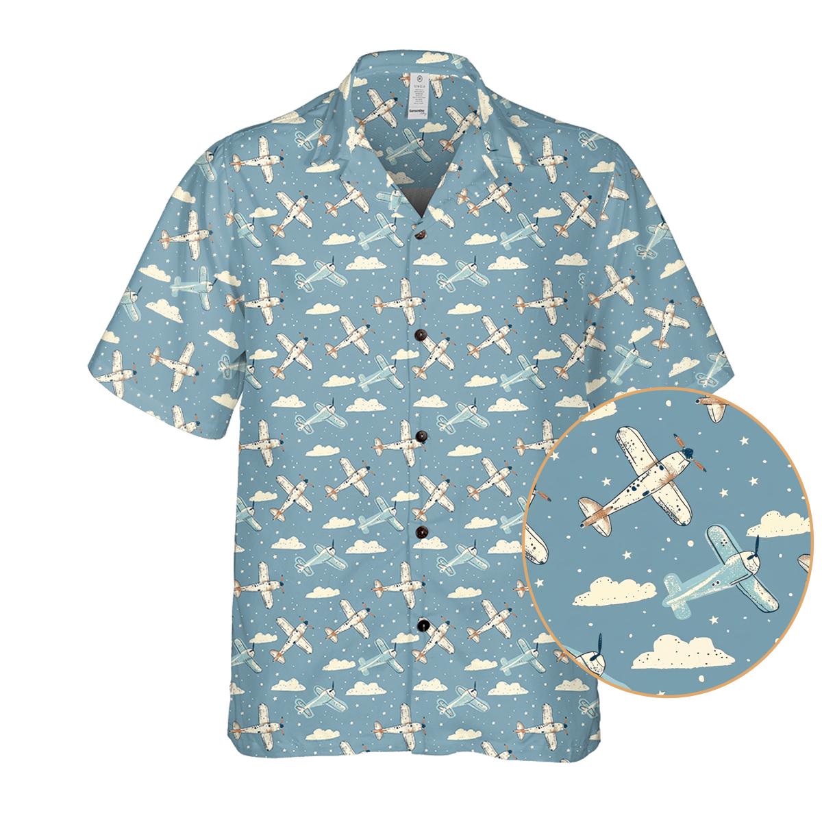 Vintage Airplane Pattern Hawaiian Shirt, Aviation Pilot Shirt, Vintage ...