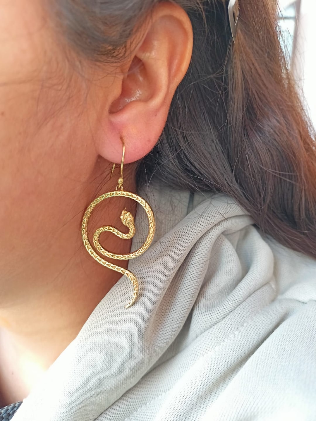 Brass Snake Dangle Earrings, Snake Drop Earrings, Serpent Earrings, Snake Wrap Earring, Spiral ...