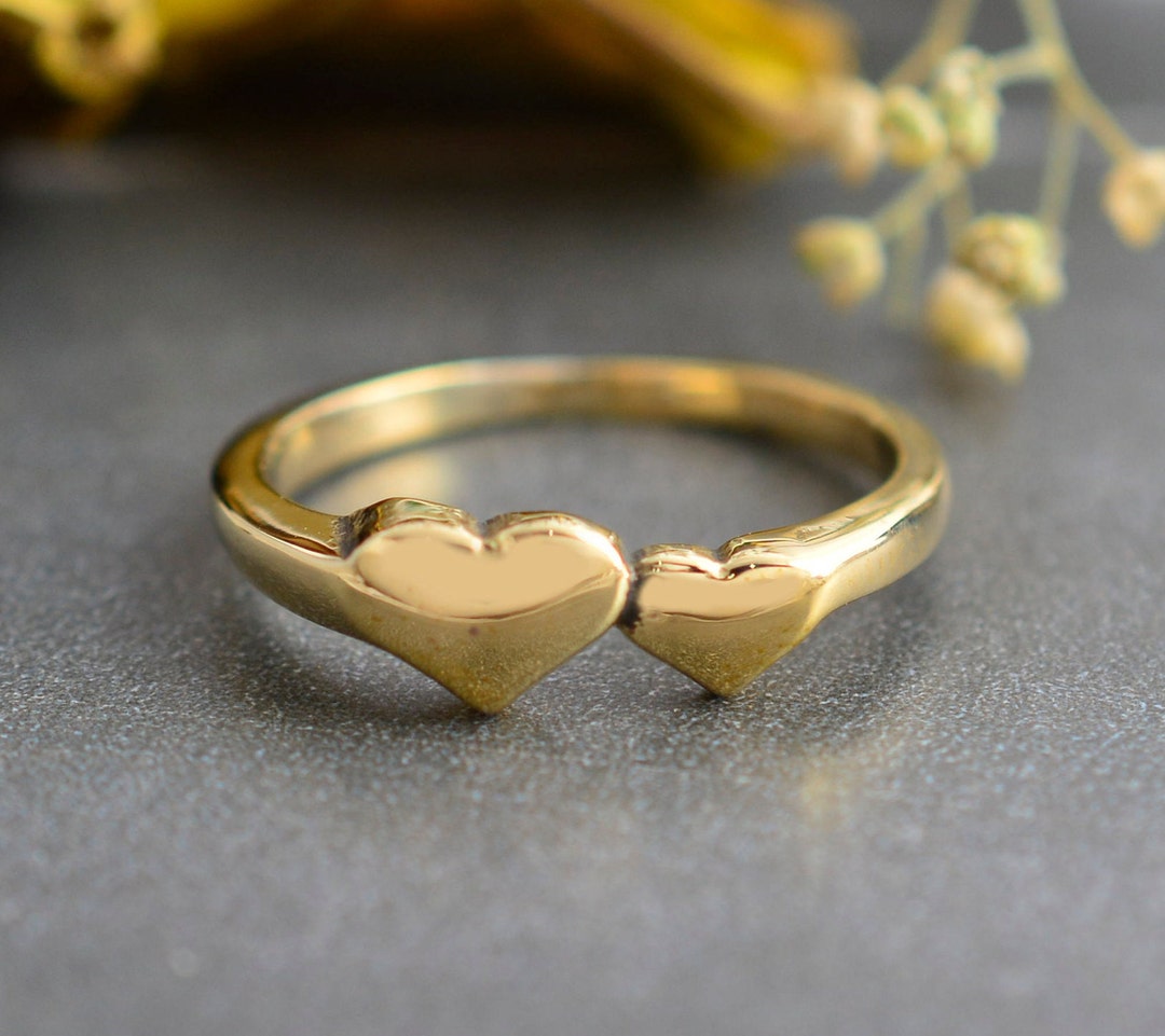 Solid Gold Double Heart Ring, Double Heart Ring, Two Hearts Frame Ring ...