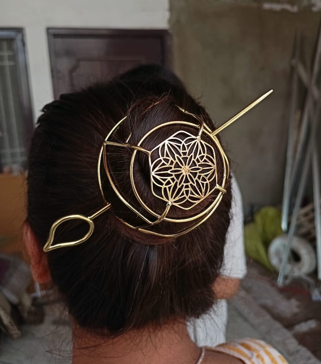 Gold Bun Holder, Bun Cuff, Wiggle Hair Pin, Hair Bun Cage, Brass Hair ...
