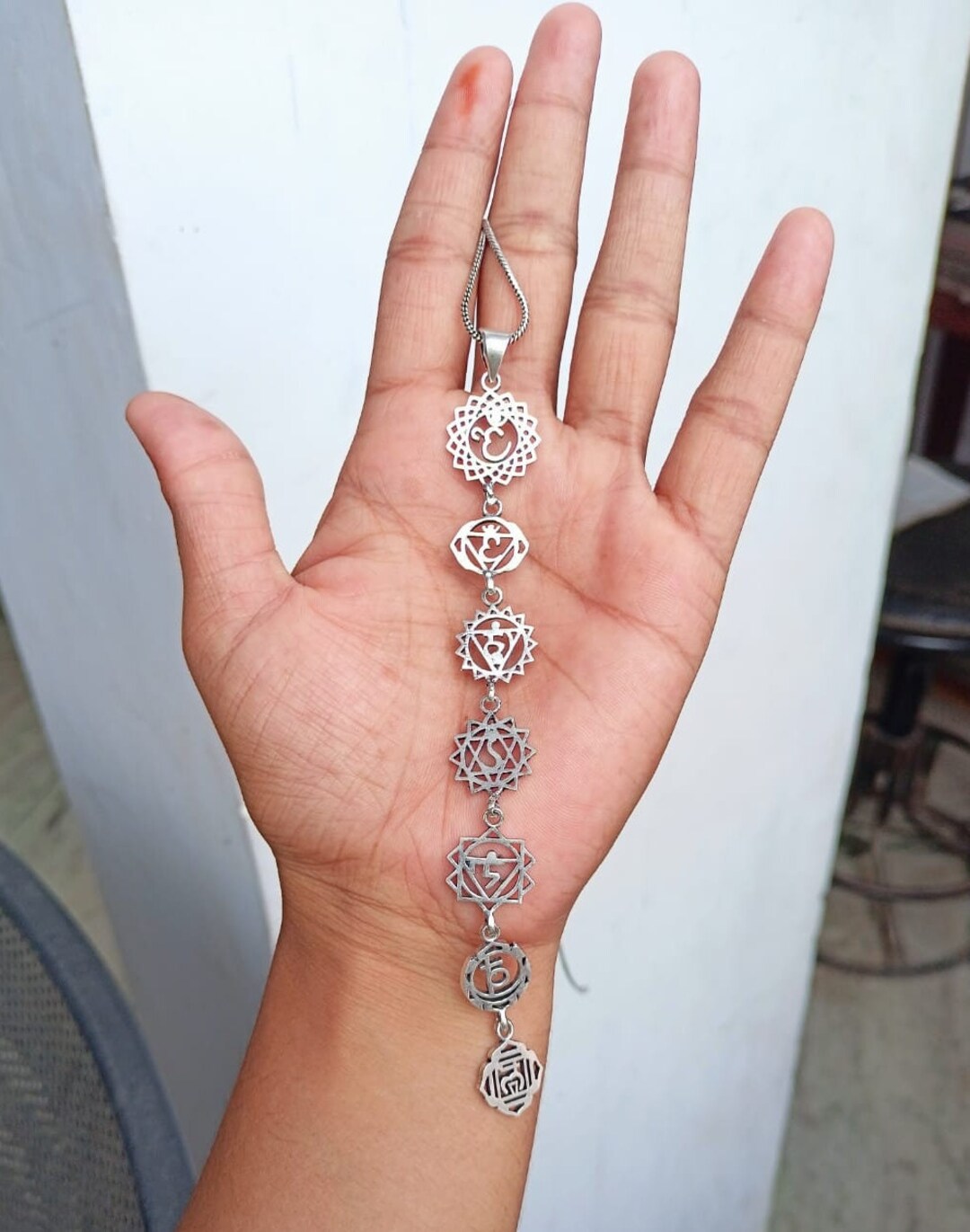 7 Chakras Necklace OM ;brass Pendant and Silver Plated Chain; Indian ...