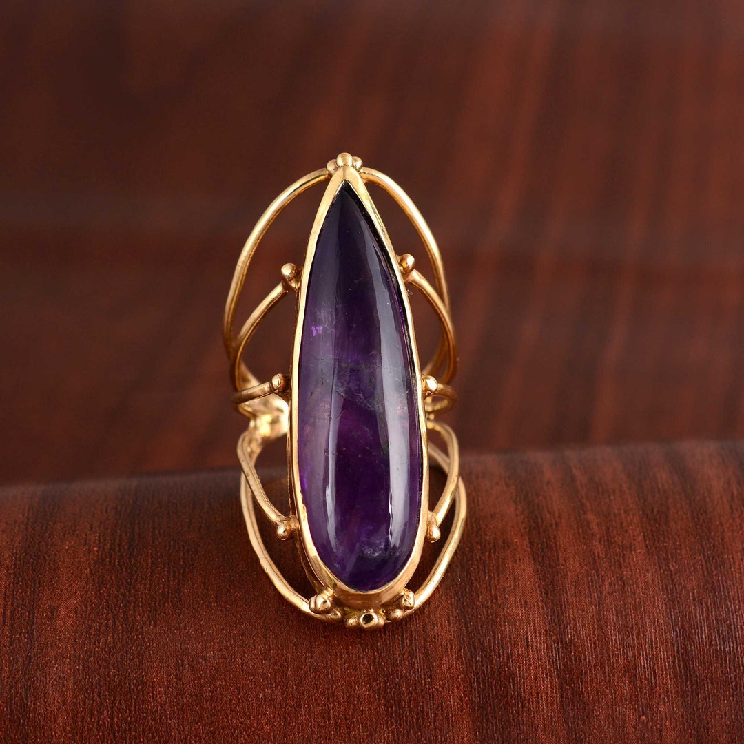 Long Amethyst Ring, Teardrop Shape, Purple Color Stone, Simple Ring ...