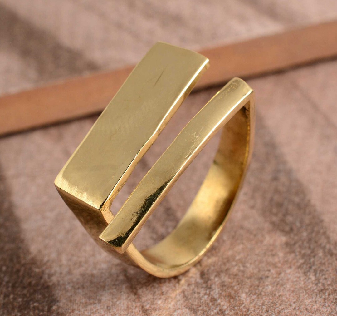 Gold Double Bar Ring, Brass Thick Two Line Ring, Flat Bar Ring ...