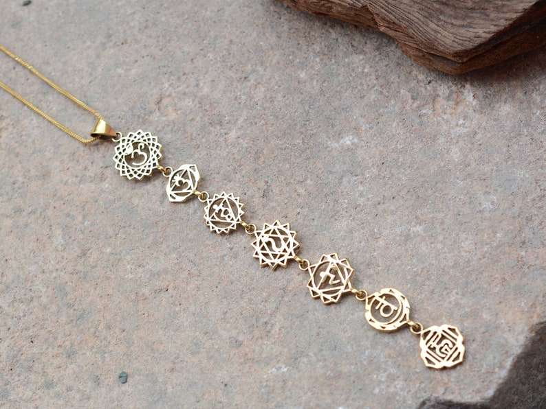 7 Chakras Necklace: Brass OM Pendant, Gold Plated Chain - Etsy