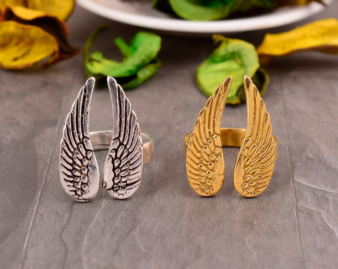 Gold Adjustable Angel Wings Ring, Gold Feather Ring, Eternity Wings ...