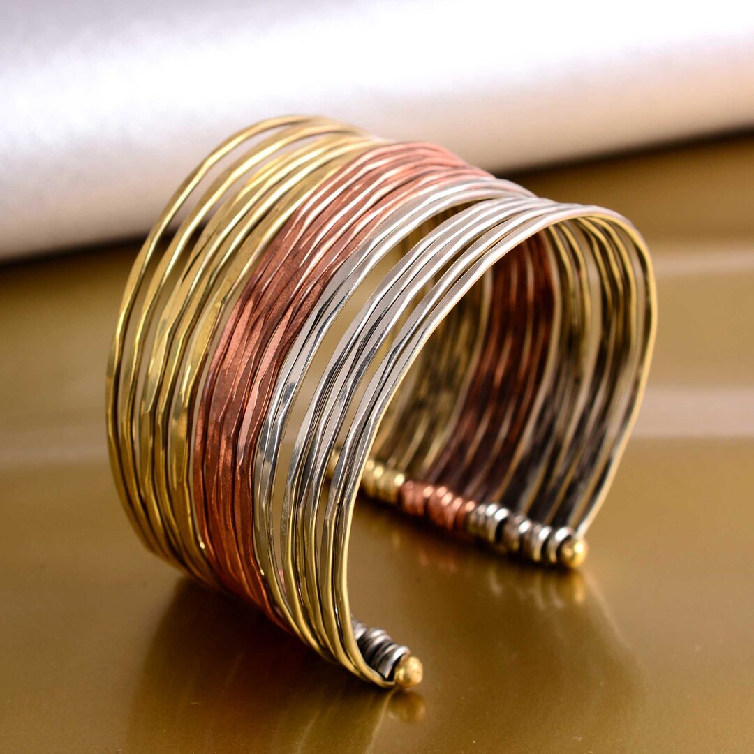 Gold Wide Layer Bracelet Cuff, Chunky Gold Cuff, Wire Wrapped Wristlet ...