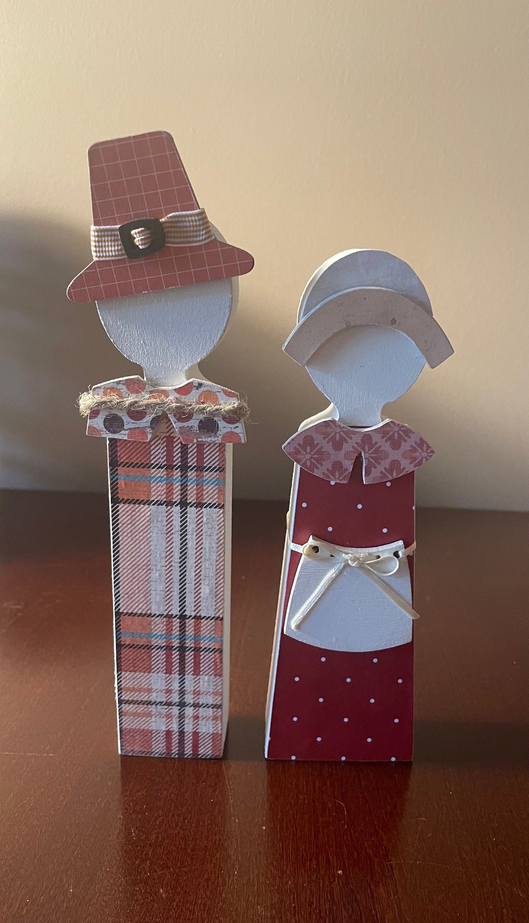 Wood Pilgrim Set, Pair of Standing Pilgrims, Decorated Male and Female ...