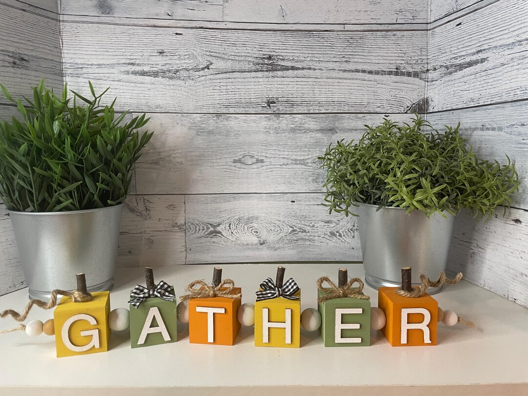 GATHER Block Set, Garland of Wood Cubes for Autumn, Fall Mantle Decor ...