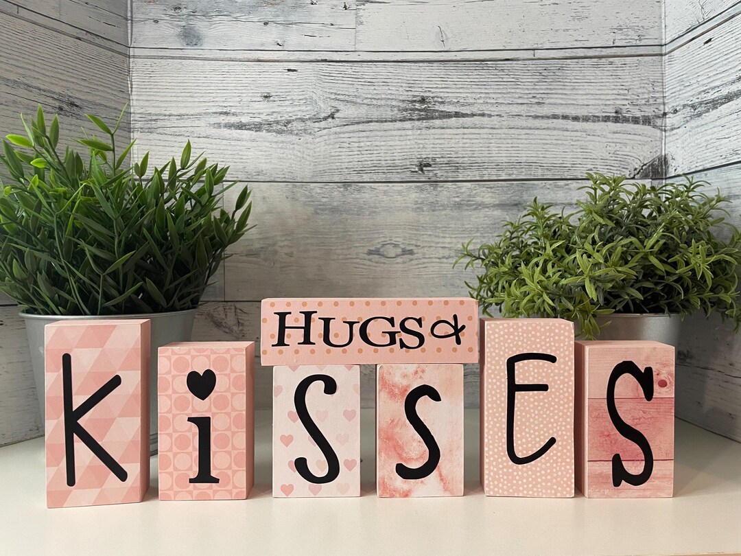 Hugs & Kisses Chunky Wood Blocks, Valentines Day Block Set, Pink ...