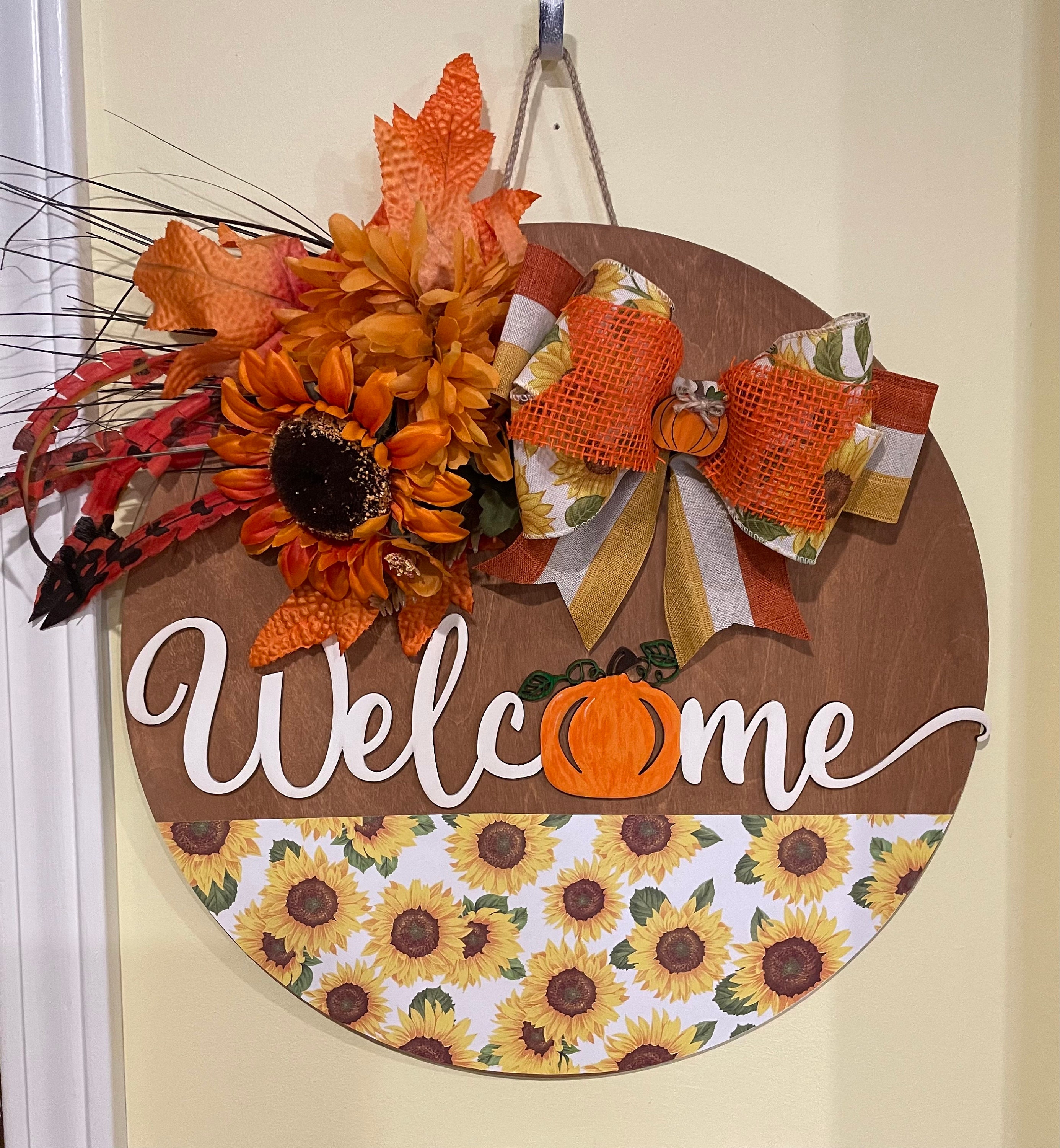 Welcome Fall Wood Round Door Hanger Sunflowers and Pumpkins - Etsy