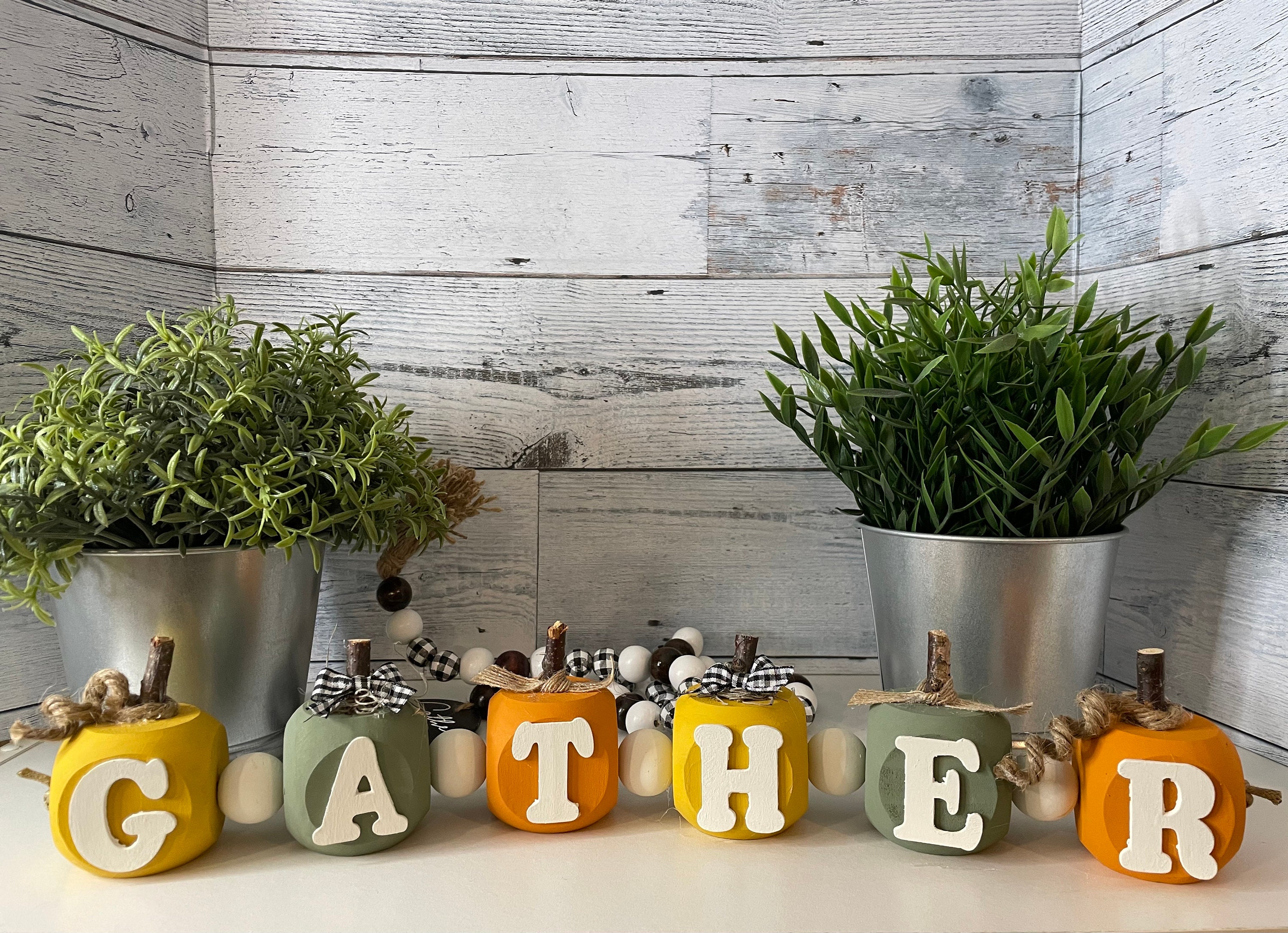 GATHER Block Set, Garland of Wood Cubes for Autumn, Fall Mantle Decor ...