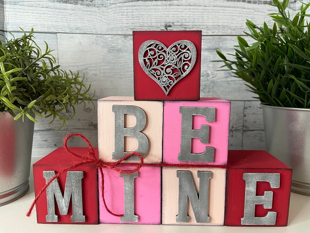 Valentine Wood Block Set, BE MINE Blocks, Painted Wood Block Set for ...